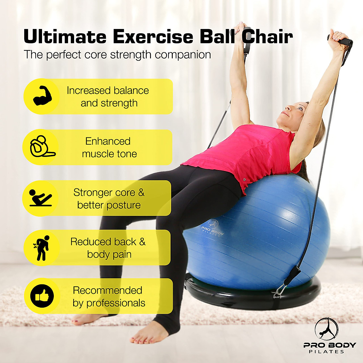 ProBody Pilates Yoga Ball Chair, Exercise Ball Chair with Base or Stand for Home Office Desk Sitting or Workout, 65cm Antiburst Balance Ball & Stability Ball Seat for Back, abs (Blue)