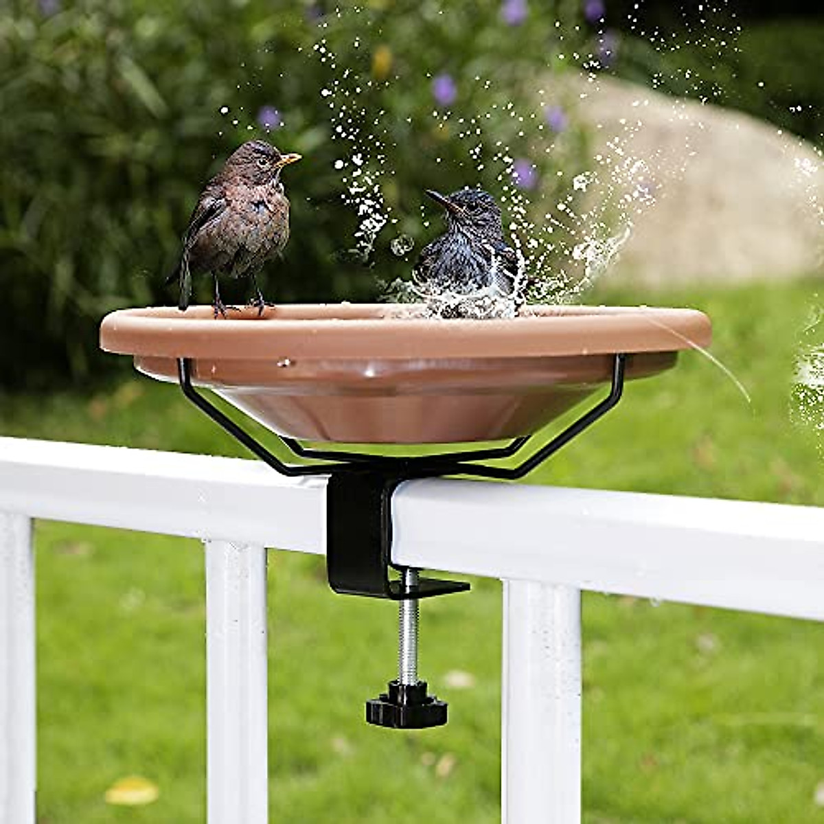 Hanizi Bird Bath Deck Mounted Bowl 12 Inches, Balcony Railing Birdbaths Unheated, Bird Bath Fence Clamp Detachable