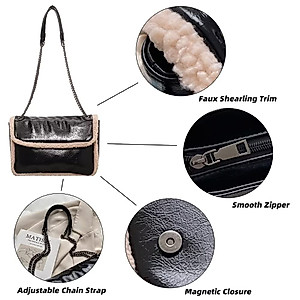 Mudono Shoulder Bag for Women Soft Glossy Crossbody Bag Square Purse Handbag with Faux Shearling Trim and Chain Strap