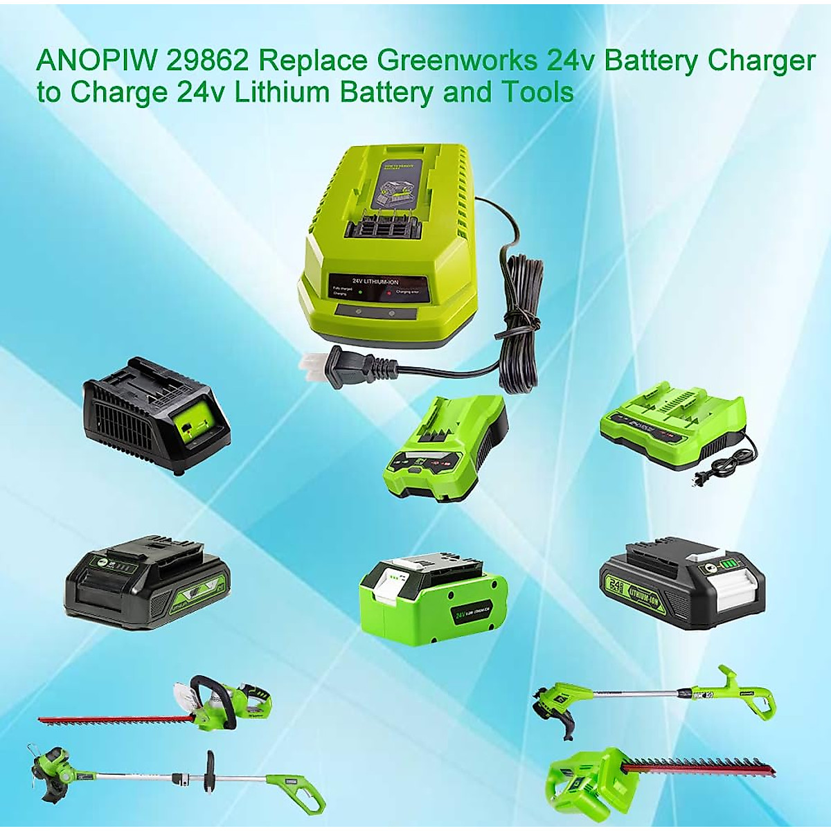 ANOPIW 29862 Replace Greenworks 24v Battery Charger to Charge 24v Lithium Battery 29842 29852 BAG708 BAG711 Battery and Tools 20352 22232 2508302