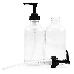8oz Clear Glass Pump Bottles (4-Pack w/Black Plastic Pumps), Great as Essential Oil Bottles, Lotion Bottles, Soap Dispensers, and More