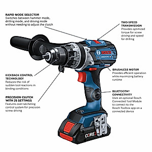 BOSCH GSB18V-975CB25 18V Brushless Connected-Ready 1/2 In. Hammer Drill/Driver Kit with (2) CORE18V® 4 Ah Advanced Power Batteries