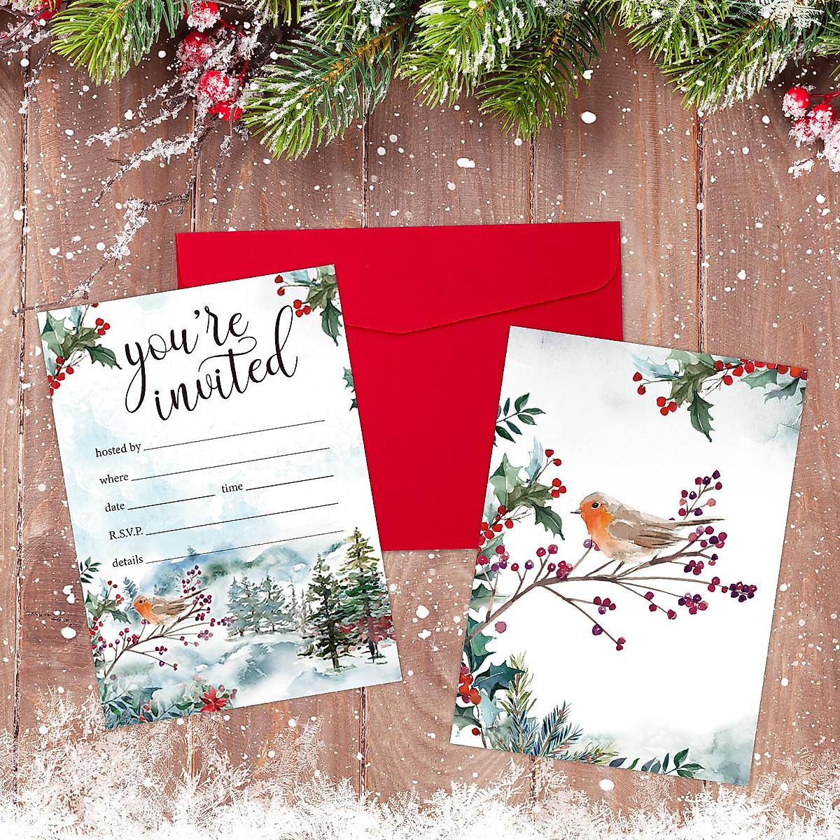 Whaline 25 Pack Christmas Party Invitation Cards Winter Woodland Robin Invitation Paper Cards with Dark Red Envelopes Xmas Holiday Watercolor Animals Party Invites