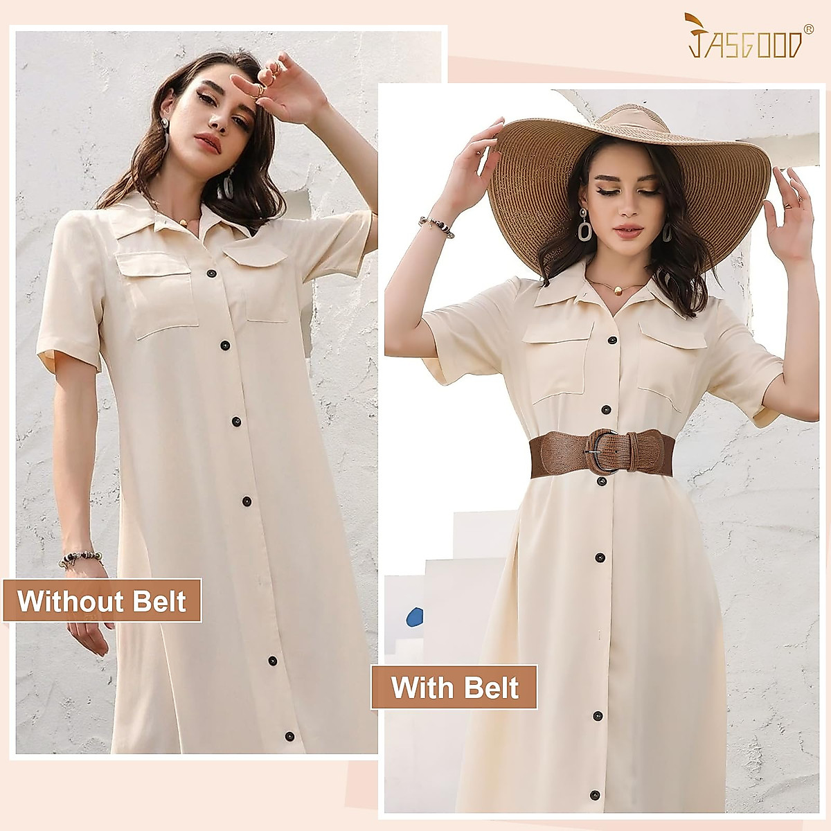 JASGOOD Women Stretchy Wide Waist Belt for Dress Ladies Elastic Belt Hook Buckle (Suit for Size 37-42 Inches,B-Brown)