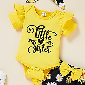 Baby Girl Sister Matching Outfits Little Big Sister Ruffle Romper Tops + Sunflower Shorts Set Summer Clothes(Yellow Little Sis,0-3M)