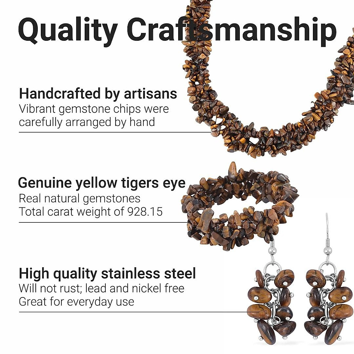 Shop LC Tigers Eye Gemstone Chips Necklace, Earrings & Bracelet Set - Cluster Stainless Steel Jewelry for Women - Boho Beach Healing Crystal Jewelry - Necklace Length 18" - Stretchable Bracelet