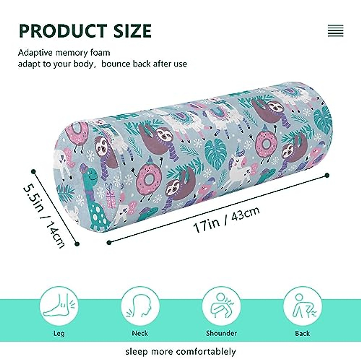 Sloth Unicorn Alpaca Dinosaur Neck Support Pillow Round Neck Roll Bolster Cylinder Pillow Cervical Pillows Knee Pillow for Leg Knee Back Head Support for Adults Bedroom Camp Work