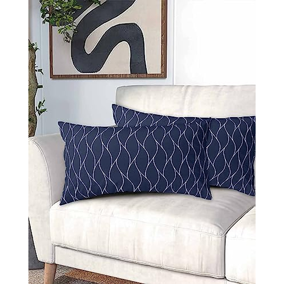 Edwiinsa Navy Blue Pillow Covers King Size 20x40 Bed Pillow, White Wave Pattern Modern Abstract Art Aesthetics Plush Soft Comfort for Hair/Skin Cooling Pillowcases with Envelop Closure