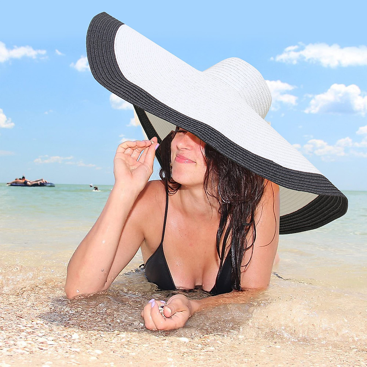 Oversized Sun Straw Hat for Women, UPF 50+ Floppy Wide Brim Summer Hat, Foldable Roll Up Travel Hat (Black White, 11.8 Inches Brim Width)
