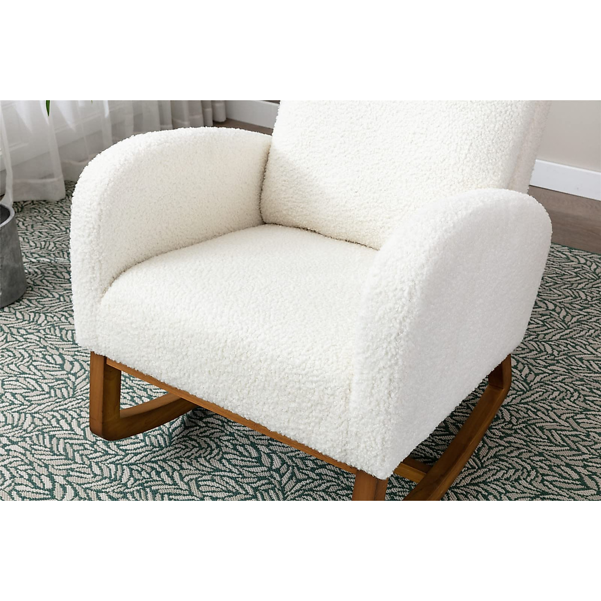 Pannow Upholstered Rocking Chair Mid-Century, Modern Nursery Rocking Armchair, Upholstered Tall Back Accent Glider Rocker with 2-Side Pocket for Bedroom Living Room Lounge (White Teddy)
