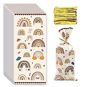 100Pcs Boho Rainbow Party Decorations Cellophane Bags Groovy Goodie Bags Treat Bags Baby Shower Candy Gift Bags Hippie Party Favors with 100 Pcs Gold Twist Ties for Birthday Wedding Themed Party