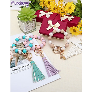 Munchewy Silicone Key Ring Bracelet for Women, Elastic Beaded Wristlet Keychain Key Holder for Women's Day Gift(Brown/Pearl)