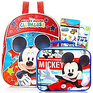 Mickey Mouse Mini Backpack with Lunch Box Set - 4 Pc Bundle with 11" Mickey Backpack, Mickey Mouse Lunch Bag, Temporary Tattoos, More | Mickey Mouse Backpack for Toddler