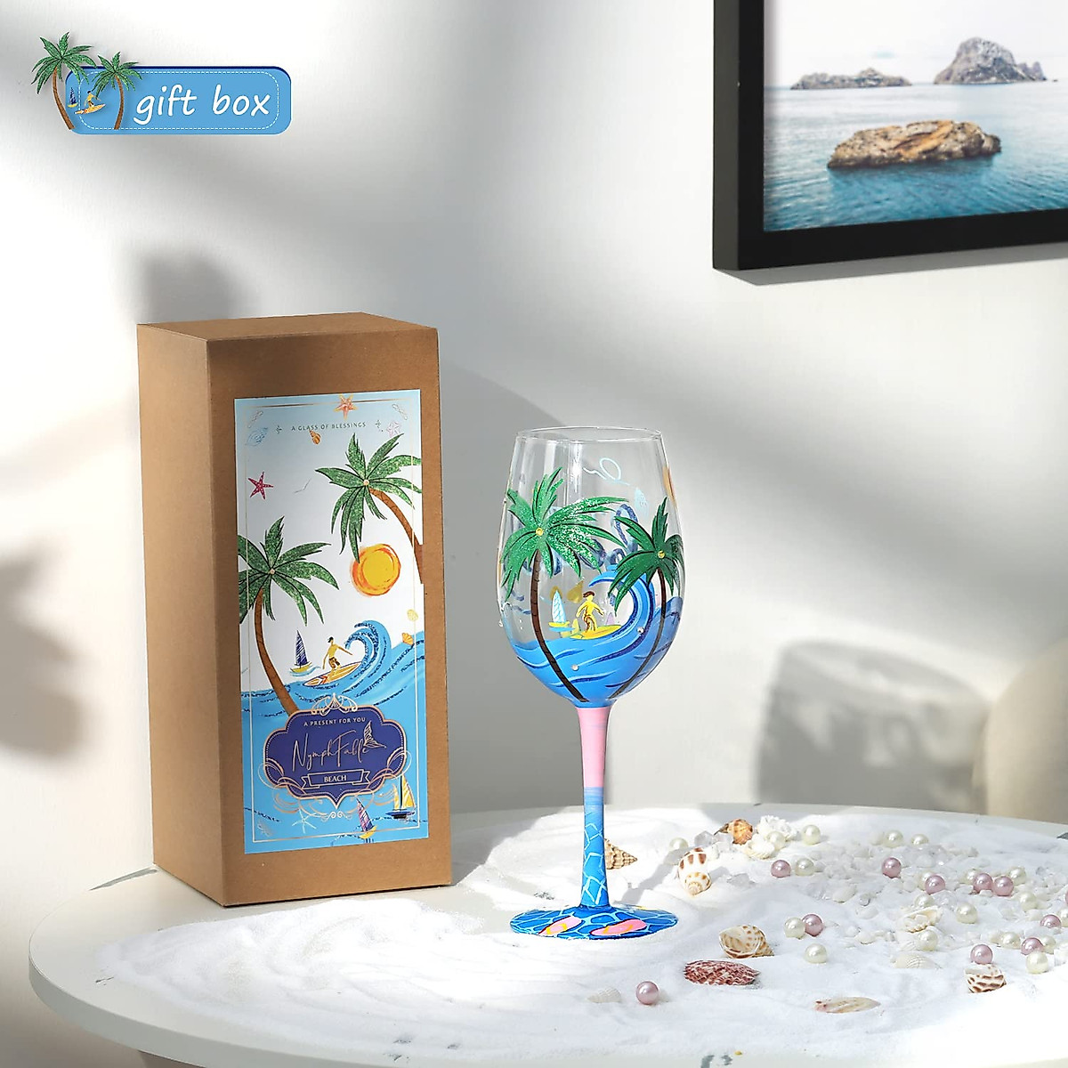 NymphFable Beach Wine Glasses 15oz Hand Painted Colorful Wine Glasses, Blue Sea Beach Themed Gift for Women Men