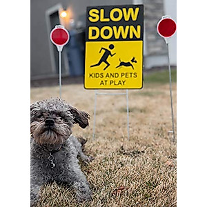CORQUE Kids at Play Safety Signs for Street, Slow Down & Caution Warning - 2 Pack Double Sided with High Visibility Reflectors & Adjustable Metal Stakes Set - Children Playing Yard Road Visual Signal