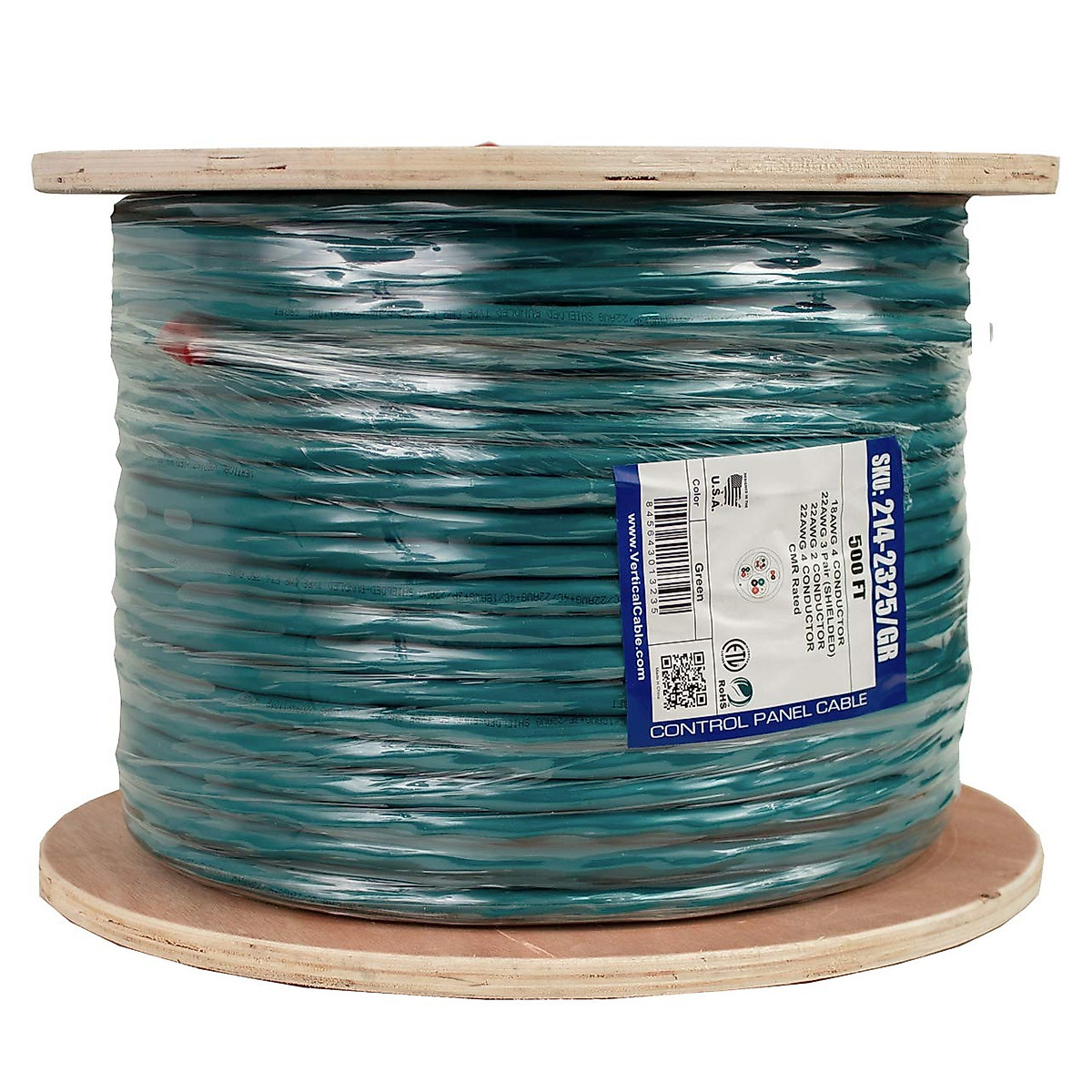 Vertical Cable Access Control Cable Riser: 22AWG/3 Pair Shielded + 18AWG/4 Conductor + 22AWG/4 Conductor + 22AWG/2 Conductor, Stranded Bare Copper Conductors, Green, 500ft Spool