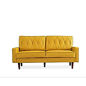 Container Furniture Direct Modern Style Faux Leather Sofa with Elegant Round Tapered Legs and Button Tufted Backrest Perfect for Living Room, Bedroom or Home Office, 69.3’’ Wide, Musterd Yellow