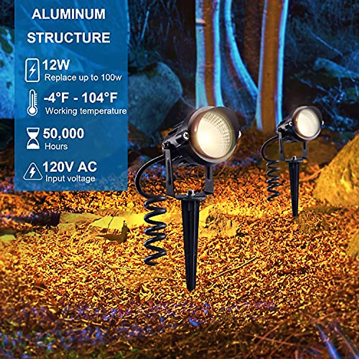 SUNVIE 120V Spot Lights Outdoor LED Landscape Lighting 12W AC Spotlights for Yard Waterproof Landscape Lights with Spiked Stake for Tree Garden Pathway Warm White Flag Lights with US 3-Plug In(4 Pack)