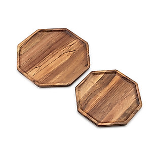 Acacia Wood Serving Trays Set of 2(10-Inch & 12-Inch),Octagon Wooden Home Decor Platters for Fruit, Vegetables, Appetizer Serving Tray, Food, Cheese Board, Bread Charcuterie Boards