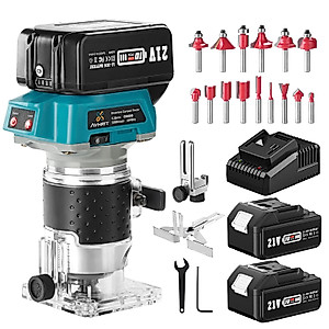 Avhrit Cordless Compact Router, Wood Router Tool With 2PCS 4.0Ah Batteries, 21V Brushless Portable Handheld Palm Routers for Woodworking, Wood Trimmer Cutting with 15 pieces 1/4" Router Bits Set