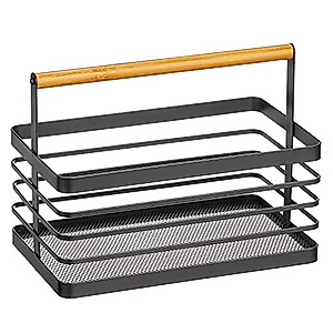 mDesign Metal Wire Food Storage Bin Baskets with Wood Handle for Kitchen Pantry, Shelf, or Cabinet, Small Portable Farmhouse Tote for Snacks, Drinks, Napkins, or Flatware, Black/Natural