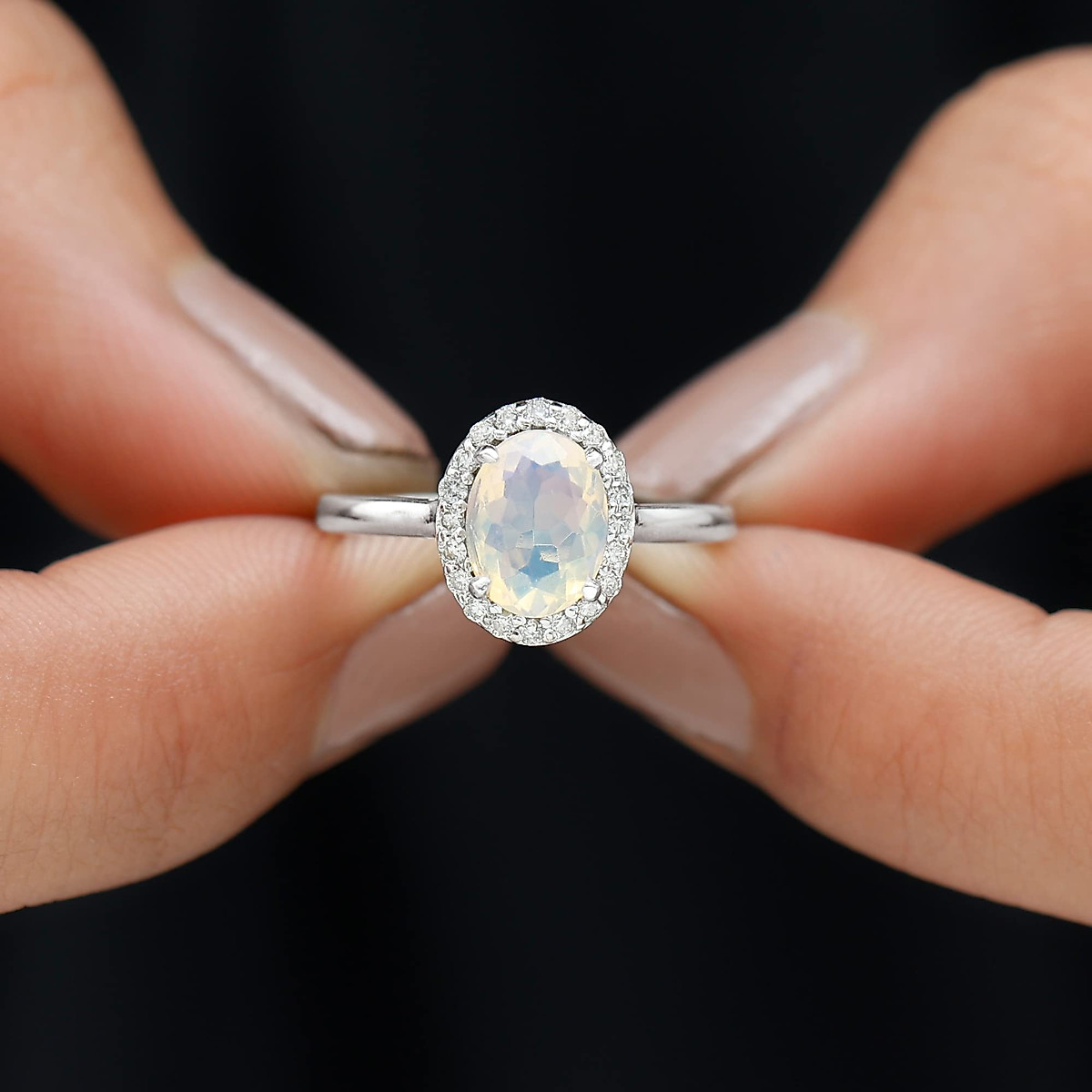 Rosec Jewels Natural Ethiopian Opal Halo Engagement Ring with HI-SI Diamond | 1.50 Cttw | AAA Quality, 14K White Gold, Size:US 4.50