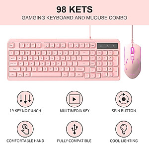 Pink Gaming Keyboard and Mouse Combo,MageGee GK980 Wired Backlit Keyboard and Pink Gaming Mouse Combo,PC Keyboard and Adjustable DPI Mouse for PC/loptop/MAC(Pink)