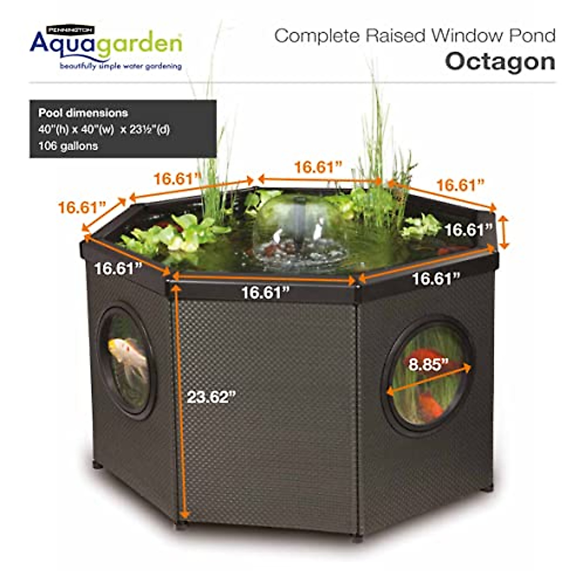Pennington Aquagarden, Complete Raised Window Pond Kit - Octagon, Water Feature Pool, Includes Inpond 5 in 1 300 Pond & Water Pump with UV Clarifier, 106 Gallon Decking Pond, Three Fountain Displays,