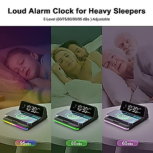 Te-Rich Loud Alarm Clock for Heavy Sleepers Adults, Alarm Clock with Wireless Charging, USB and Lights, Dual Alarm(7-5-2), 6 Dimmer, Battery Backup, Digtial Alarm Clock Wireless Charger for Bedrooms