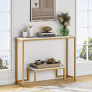 Tribesings White and Gold Narrow Console Sofa Table with Faux Marble Veneer for Entryway, Mid-Century Modern Accent Table for Living Room 42.5''WX11.81''DX31.5''H