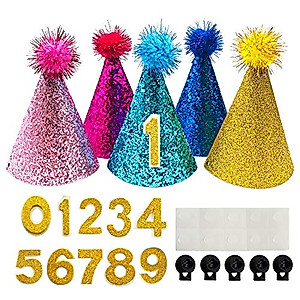 PET SHOW 5pcs Small Dog Birthday Hat Set for Boys Girls Medium Dogs Cat Kitten Puppies Party Hats with 0-9 Numbers 10 Glue Grooming Accessories
