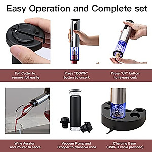 GenieX Electric Wine Opener with charging base, Automatic Wine Opener Electric Corkscrew. 7-in-1 wine accessories, USB-C charging, Cool Kitchen Gadgets, Deluxe gifts for wine lovers, housewarming gift