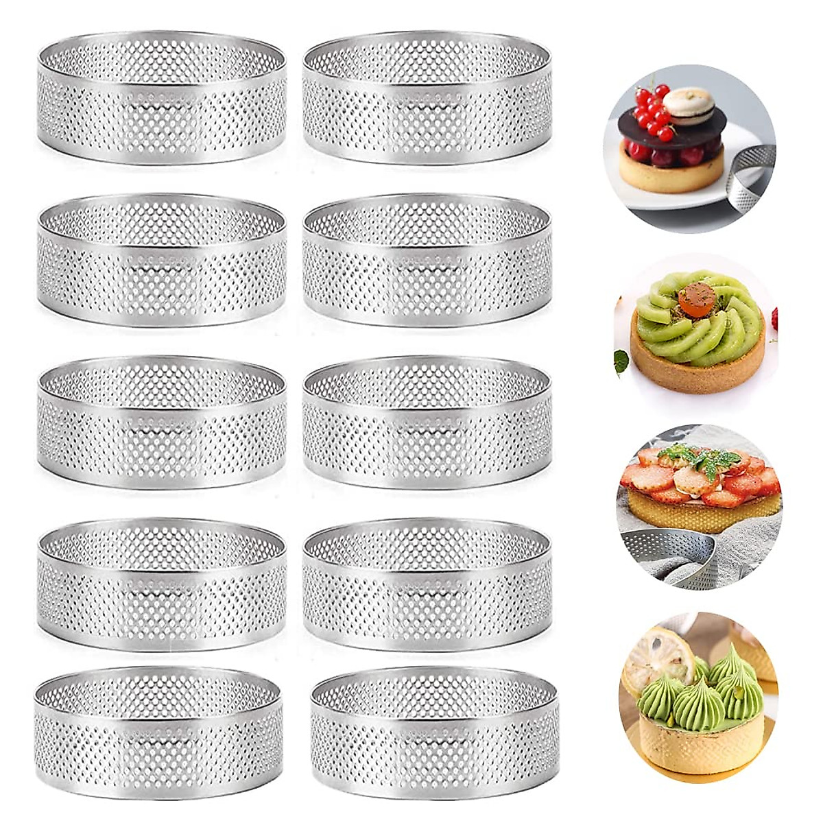 Exogio 10Pcs Circular Tart Ring 8 cm, Stainless Steel Porous Tart Bottom Ring, Heat-Resistant Perforated Pie Cake Mousse Mould Baking for Kitchen, Dessert Making