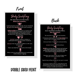 Body Sculpting Pre and Post Treatment Information Cards | 30 Pack | 4x6” inch Large Postcard Size | Black with Rose Gold Design