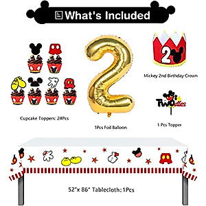PYCALOW Mickey 2nd Birthday Party Supplies Decorations Include Oh Twodles Backdrop, Banner, Balloons Graland Arch, Welcome Hanger, Tablecloth, Hat, Topper, Tassels, Mickey Theme Mouse Party Supplies