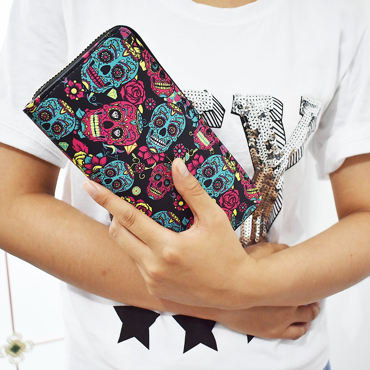 Laimi Duo Women's Skull Wallet Floral Leather RFID Blocking Purse Clutch Multi Card Case Phone Holder for Ladies