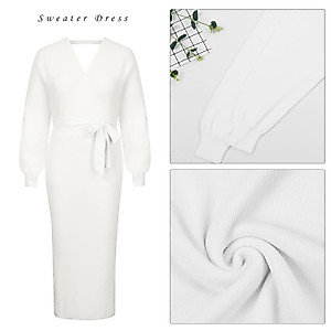 Pink Queen Womens V Neck Sweater Wrap Dresses Batwing Sleeve Elegant Holiday Bodycon Slit Maxi Knit Dress Belted White L