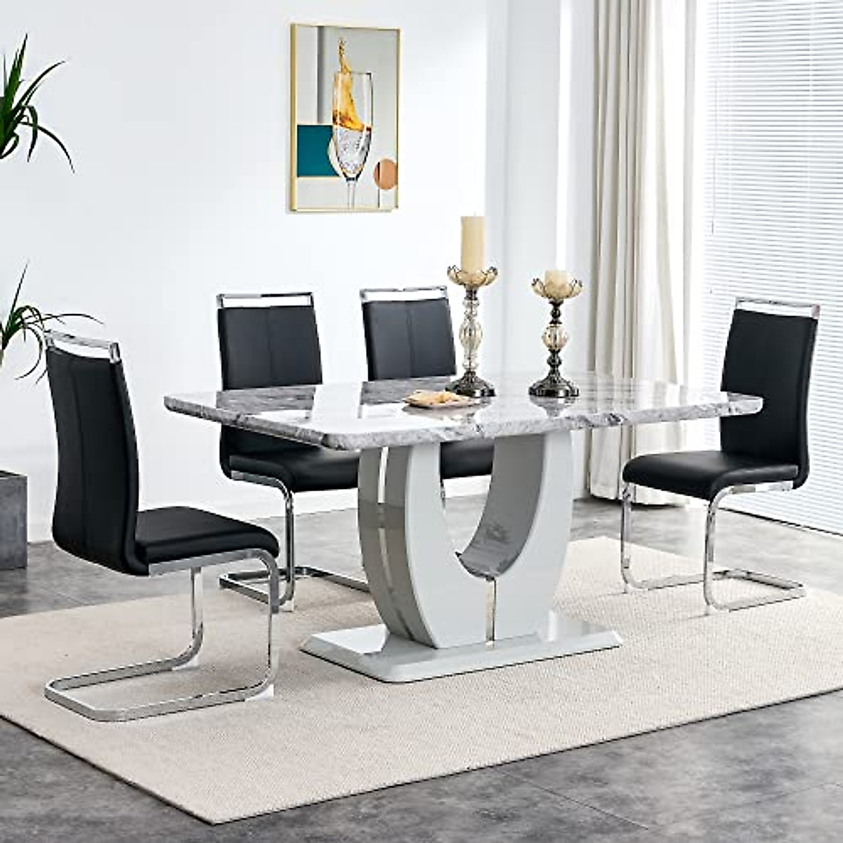 Pvillez Contemporary Dining Table for 6-8, High Gloss Kitchen Dining Room Table with Faux Marble Top and U Shape Wood Pedestal Base, 63" Rectangular Dining Table for Dining Room Kitchen Living Room