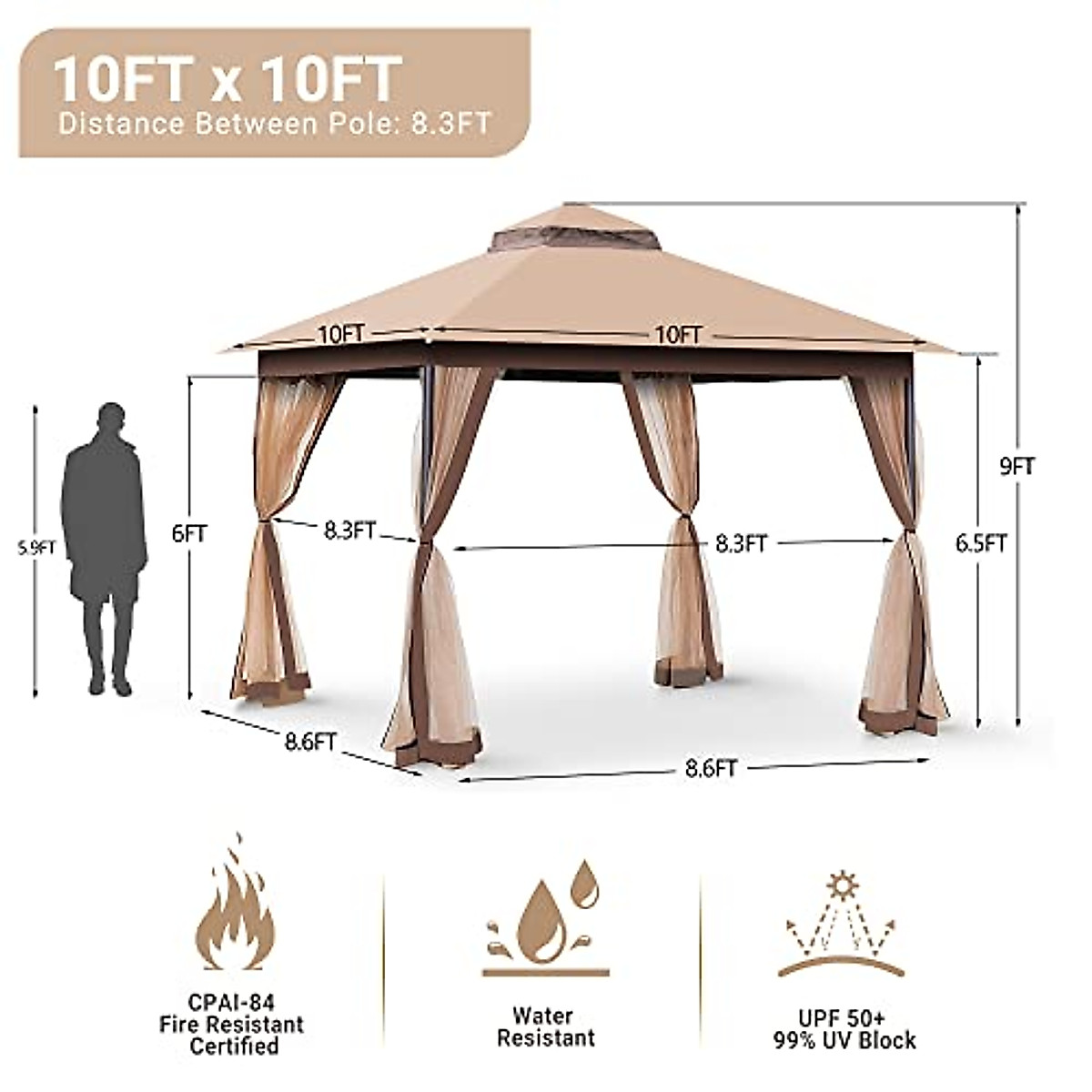 CHARMELEON Gazebo 10x10, Outdoor Gazebo with 4 Sandbags, Double Vented Roof Gazebo with Screen Netting Walls, Waterproof Patio Canopy for Deck, Party & Backyard (Khaki)