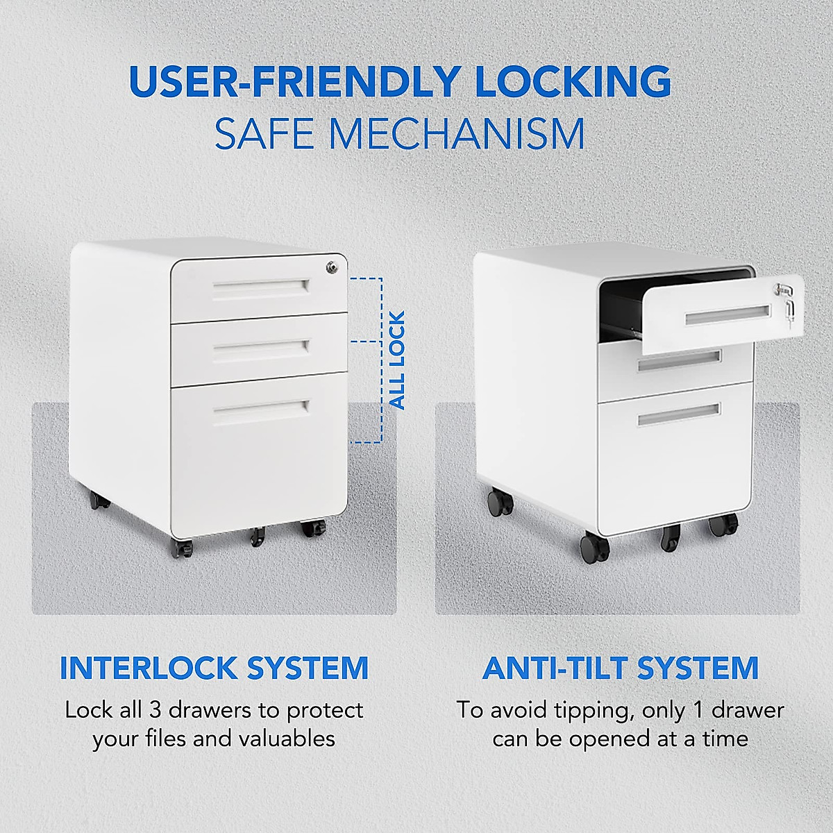 FLEXISPOT Metal File Cabinet for Under Desk Storage Mobile 3 Drawer File Cabinet Round Corner Design Filing Cabinets for Home Office,White