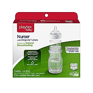 Playtex Baby Nurser Bottle with Pre-Sterilized Disposable Drop-Ins Liners, Closer to Breastfeeding, 4 Ounce Bottles, 3 Count