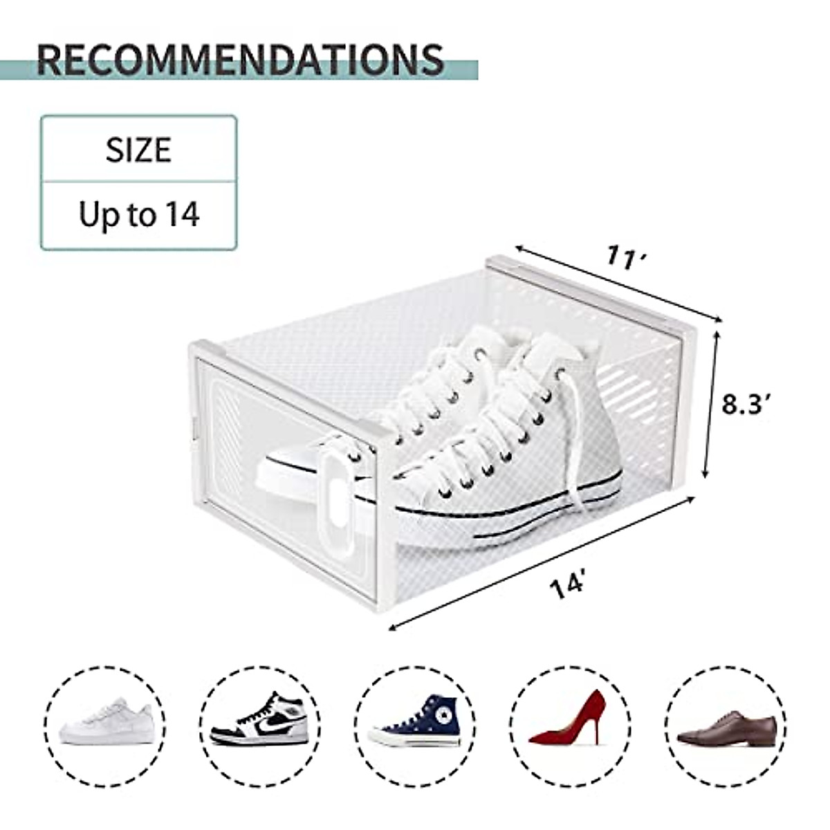 Hrrsaki 8 Pack X-Large Shoe Storage Boxes, Shoe Boxes Clear Plastic Stackable, Shoe Organizer Boxes with Front Opening Lids, Ventilation and Dust-proof, Shoe Container Boxes for Closet, Bedroom, Bathroom, Fit for Women/Men Size 14(14” x 11” x 8.3”) (white