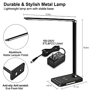 AFROG Multifunctional LED Desk Lamp with 10W Fast Wireless Charger, USB Charging Port, 5 Lighting Modes,7 Brightness Levels, 40 min Timer, Night Light Function,Eye-Caring Office Lamp, 5000K,8W,Black