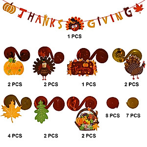 MorTime 31 PCS Thanksgiving Hanging Ceiling Swirl Pendant & Hanging Thanksgiving Banner, Autumn Themed Spiral Turkey Pumpkin Maple Leaves for Thanksgiving Home, School and Party Decorations