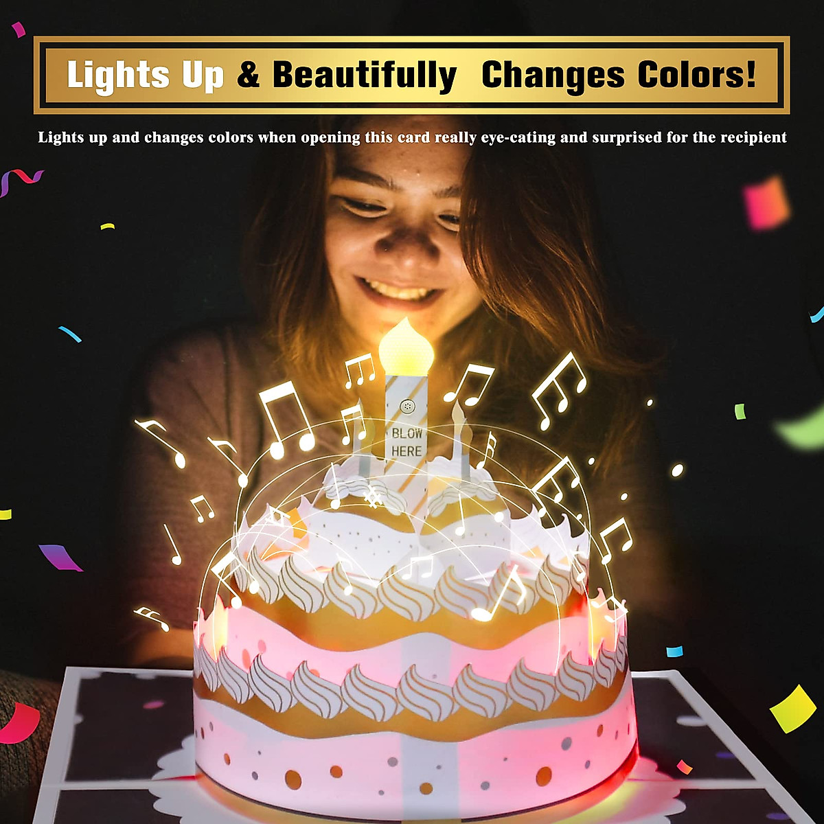 Birthday Card LIGHTS & MUSIC Birthday Card with Large Cake - Musical Birthday Card BLOW OUT CANDLE & Plays Happy Birthday Song, 3D Pop-Up Birthday Cards for Men & Women, Him or Her, Wife or Husband