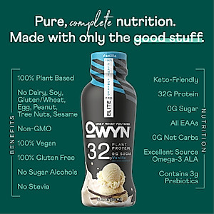 OWYN Only What You Need Pro Elite Vegan Plant Based High Protein Shake, Vanilla, 12 Pack, 32g Protein, Amino Acids, Prebiotics, Omega-3, Workout and Recovery, 0g Net Carbs, Zero Sugar, Keto