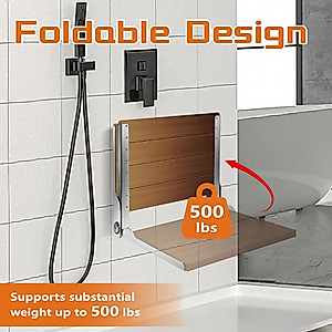 Teak Shower Bench 20'', Folding Shower Chair Wall Mounted, Wood Folding Shower Seat, Teak Shower Bench for Inside Shower, 500 lbs Capacity, Silver