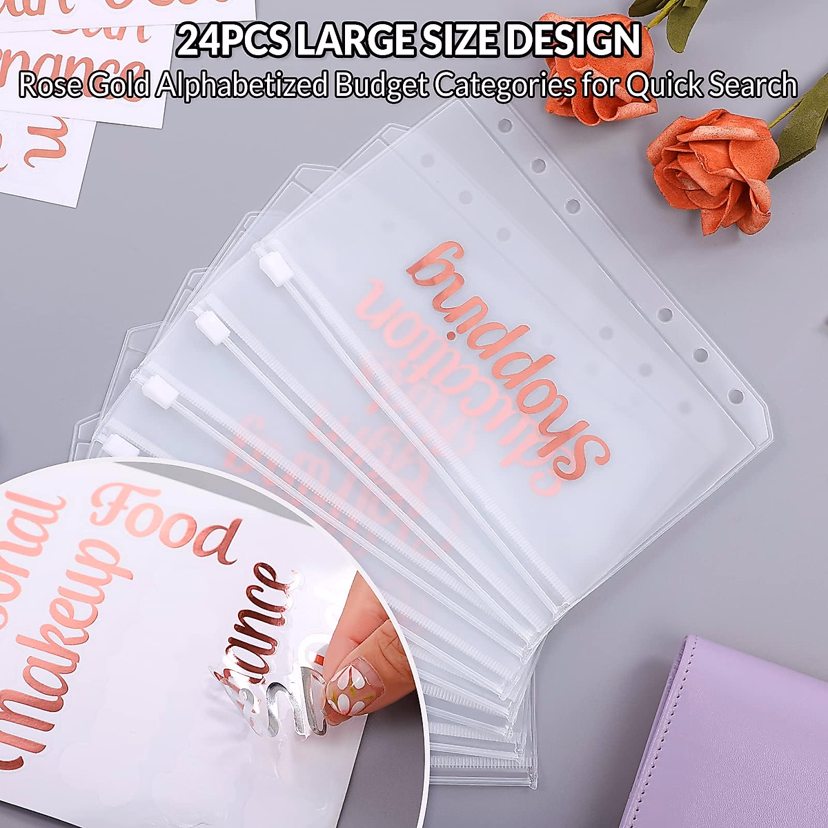 SKYDUE A6 Budget Binder,Money Organizer for Cash with 8pcs Zipper Envelopes,12pcs Expense Budget Sheets & 24 Rose Gold Sticky Labels,Money Saving Binder for Budgeting