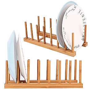 2PCS Bamboo Wooden Dish Rack, Plate Rack Stand Pot Lid Holder w/Holds 14 Plates, Kitchen Dish Plate Storage Cabinet Organizer Drainer w/ 7 Slots for Cup, Cutting Board, Bowl, Drying Rack and More
