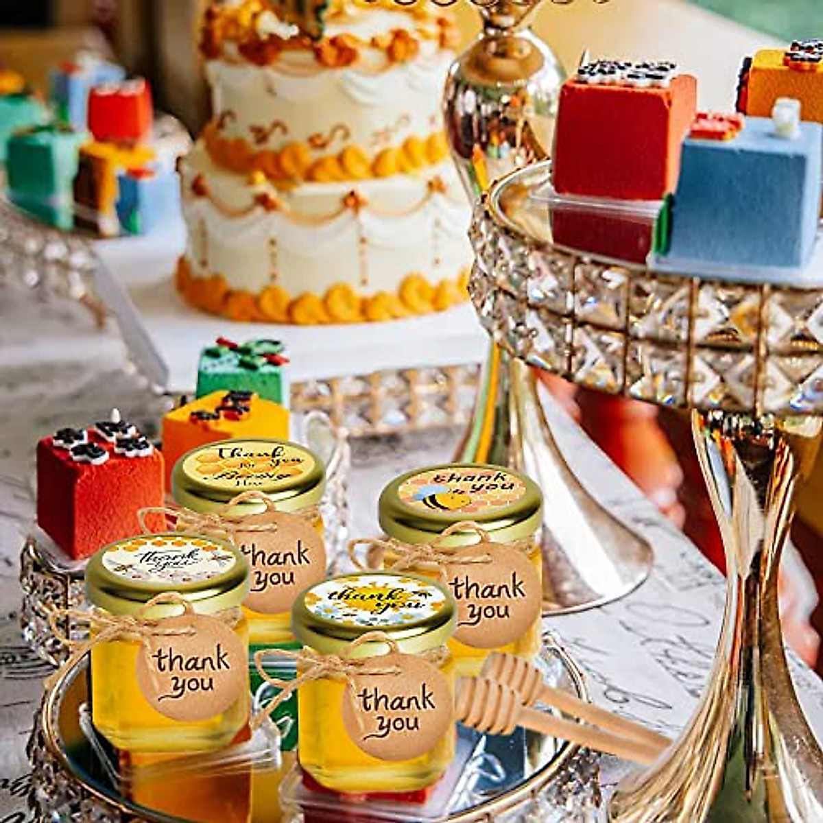 GIVAMEIHF 40 pack Mini Glass Honey jars,1.5oz Hexagon Honey Jars with Wooden Dipper,Gold Lid,Pendant,Rope,Mini Honey Jars with Lids,Perfect for Baby Shower,Wedding Favors,Party Favors